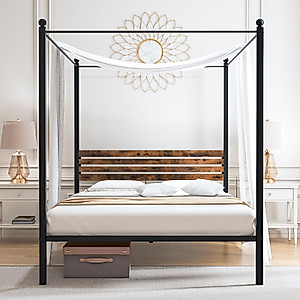 Giantex Metal Canopy Bed Frame Queen Size, 4-Poster Platform Bed with Industrial Headboard and Under Bed Storage, Heavy-Duty Mattress Foundation No Box Spring Needed, Easy Assembly, Black