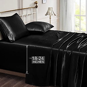 Vonty Satin Sheets Extra Deep Pocket King Size Sheets - Cooling & Silky Satin King Sheets Set with 18-24 Inch Deep Pocket, Black Satin Bed Sheets Fit Up to 24" Deep Matress - 4 Piece
