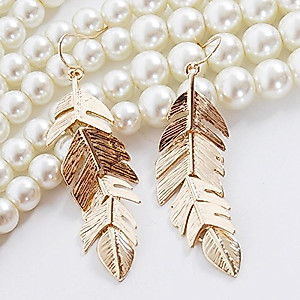 Humble Chic Floating Feathers Dangle Earrings - Long Hanging Metal Link Leaf Drops, Gold