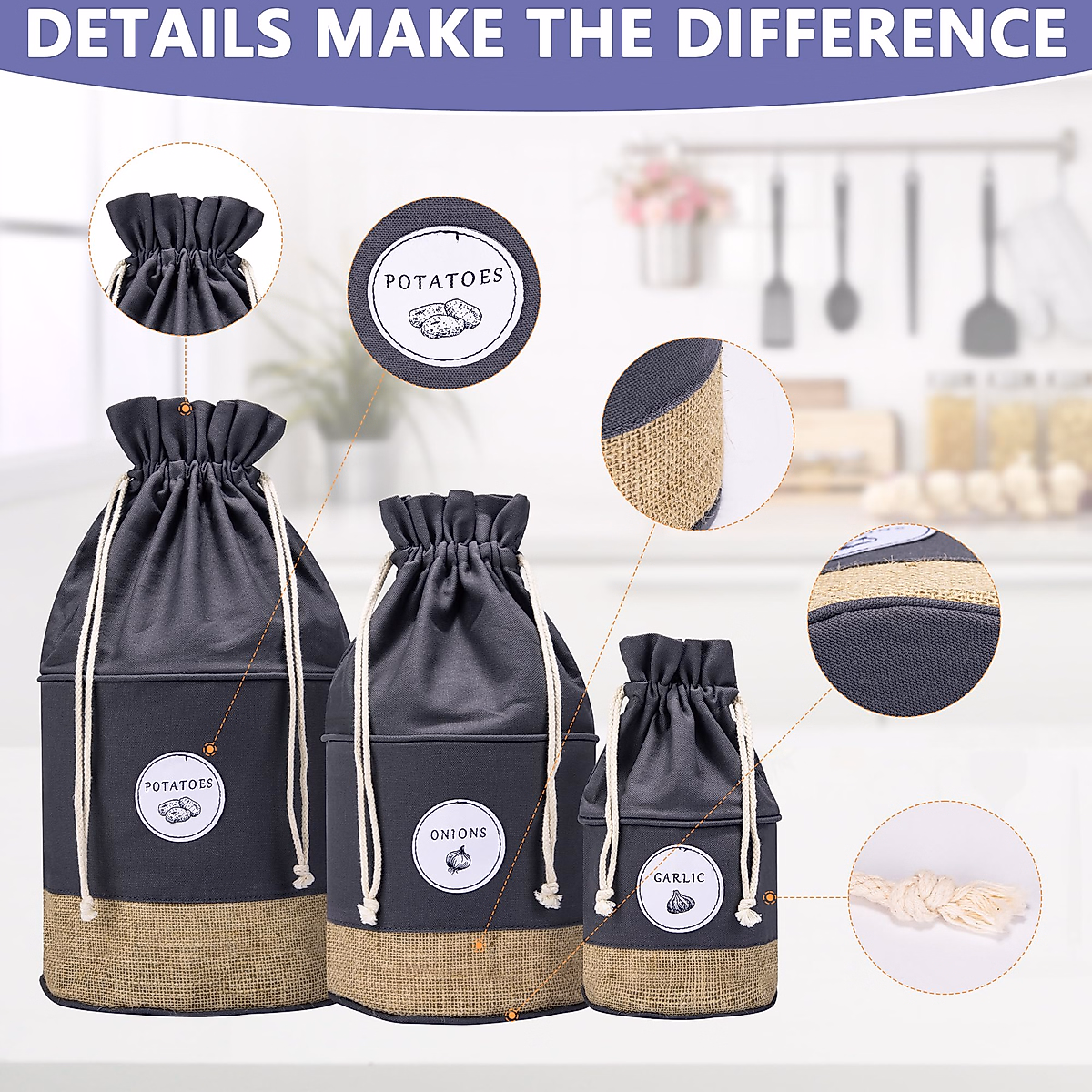 MERAKI HOME Potato Onion Garlic Storage Containers - Farmhouse Kitchen Storage Organization Pots - Sustainable Jute Cotton Vegetable Baskets Bins - Drawstring Holder