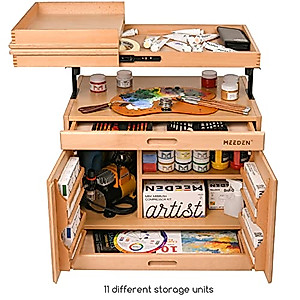 MEEDEN Artist Taboret Rolling Cart, Solid Beech Wood Artist Storage Cart on Wheels with Lifting Desktop, Art Cart on 4 Lockable Wheels for Painting Supplies, Up to 11 Different Storage Units