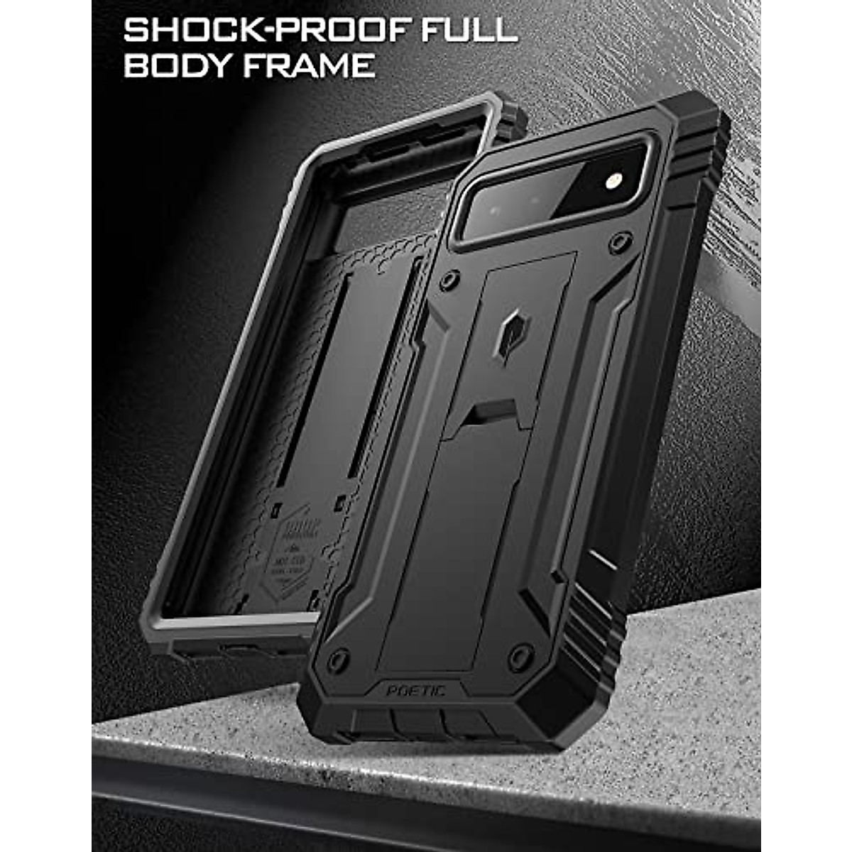 Poetic Revolution Case for Google Pixel 6 5G, Built-in Screen Protector Work with Fingerprint ID, Full Body Rugged Shockproof Protective Cover Case with Kickstand, Black