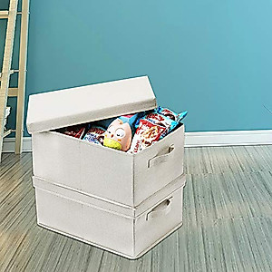 HOONEX Foldable Storage Bins with Lids, 2 Pack, Storage Boxes with Carrying Handles and Study Heavy Cardboard, 16.5" L x 11.8" W x 7.5" H for Toy, Shoes, Books, Clothes, Linens, Nursery, Beige