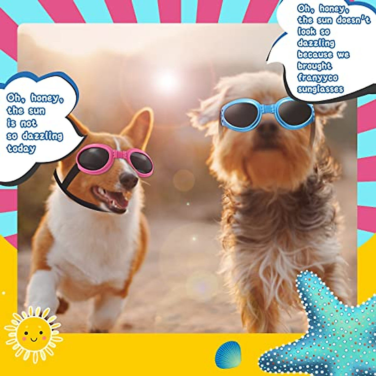 FranyyCo Small Dog Sunglasses UV Protection Goggles with Adjustable Straps, Conditionable at Nose Bridge, Frame with Breathing Holes and High Density Sponge, Windproof Dustproof Anti-Fog Glasses