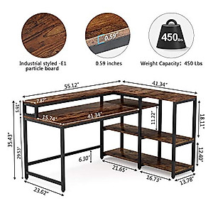 Tribesigns 55 Inch Reversible L Shaped Computer Desk with Storage Shelf, Industrial Corner Desk with Shelves and Monitor Stand, Study Writing Table for Home Office (55" D x 41" W, Rustic Brown)