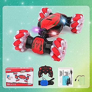 IQKidz Gesture Sensing RC Stunt Car - Christmas Red, Best Birthday Gifts for Kids 6-12, Hand Remote Control Double Side Twist Cars Toys with Light Music, 4 WD Drift Off Road for Rotation
