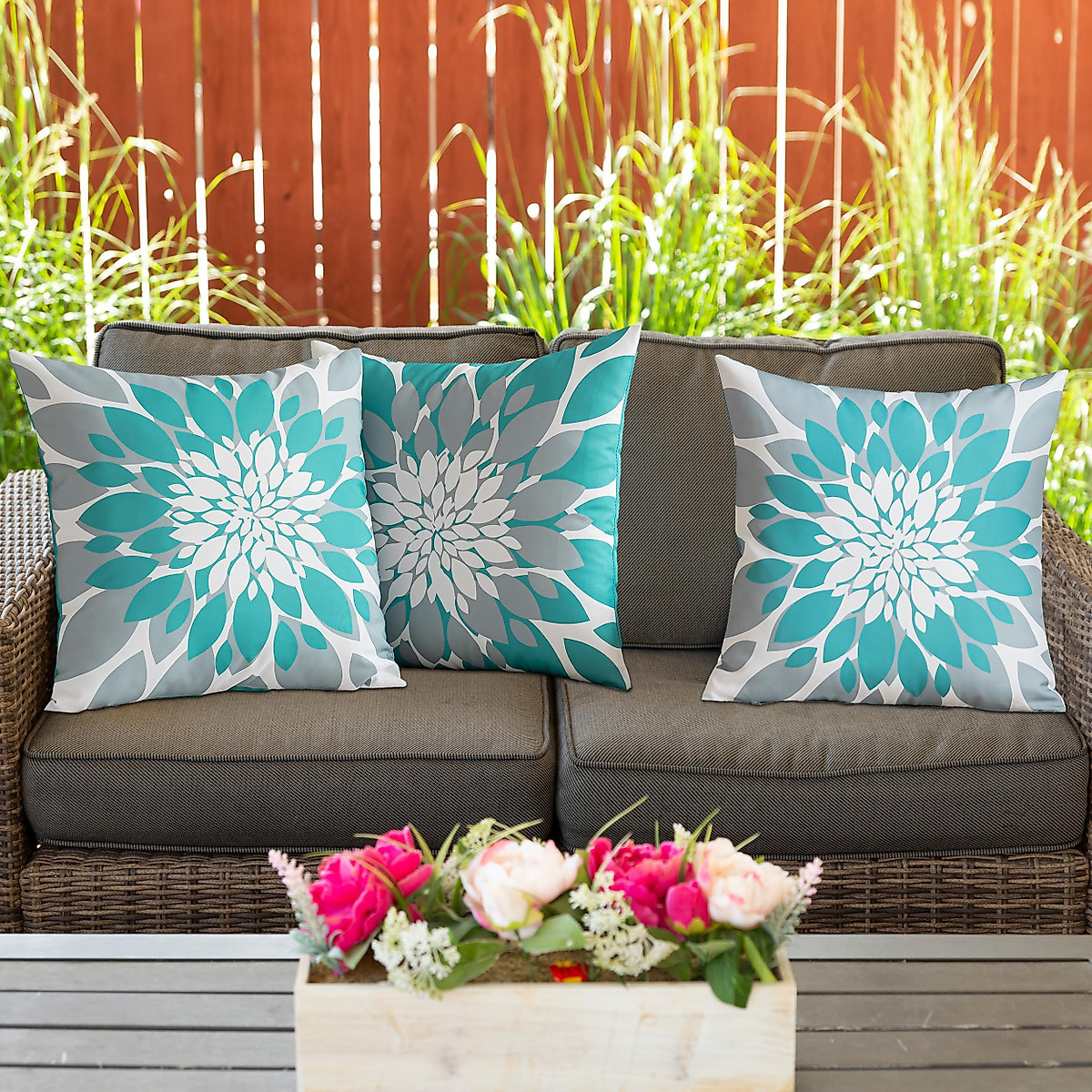 Qahing Pack of 4 Outdoor Waterproof Pillow Covers 24x24 Decorative Outdoor Throw Pillows Garden Square Cushion Cases for Patio Furniture, Couch, Tent Sunbrella, Bench, Teal Turquoise Grey