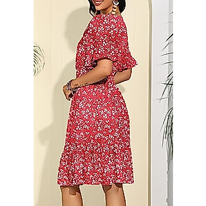 nclook Womens Summer Casual Dress Sweet & Cute V-Neck Slim Fit Midi Dress with Pocket Short Sleevele Ruffle Dress Jujube Red