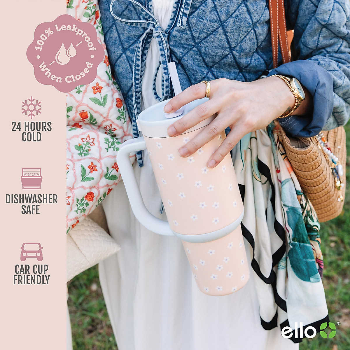 Ello Oasis 30 oz Tumbler with Handle & Retracting Straw | Reusable Insulated Stainless Steel Cup 100% Leakproof, Gifts for Teens Women Men | Keeps cold for 20 Hours, Cup Holder Friendly, Daisies