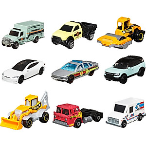 Matchbox Cars, 9-Pack Die-Cast 1:64 Scale Toy Cars, Construction or Garbage Trucks, Rescue Vehicles or Planes (Styles May Vary).