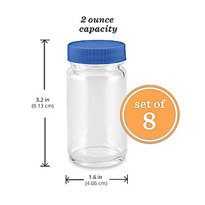 Juice Shot Containers, Glass, Clear, 2oz, Colored Lids & Silicone Grip Bands, Beverage Storage, Juicing, Ginger & Turmeric Bottles