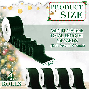 Preboun 4 Rolls Velvet Ribbon for Gift Wrapping 24 Yards Total Frayed Edge Velvet Silk Ribbon for Valentine's Day Wedding Baby Shower DIY Crafts Decor(Dark Green,1.5 Inch)
