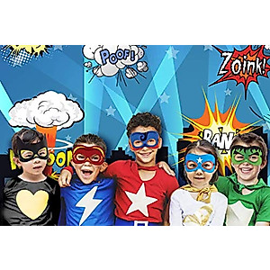 Superheroes Theme Party Photography Backdrop with Prop, Flag & Mask. Super Hero Cityscape Photo Booth Background for Kids Party, Birthday Wall Decorations