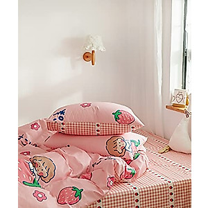 AOJIM Pure Cotton Pink Grids Strawberry Fitted Sheet Queen 60"x80"with 15" Deep Pocket Cute Mattress Cover, Only One Bed Sheet for Girls