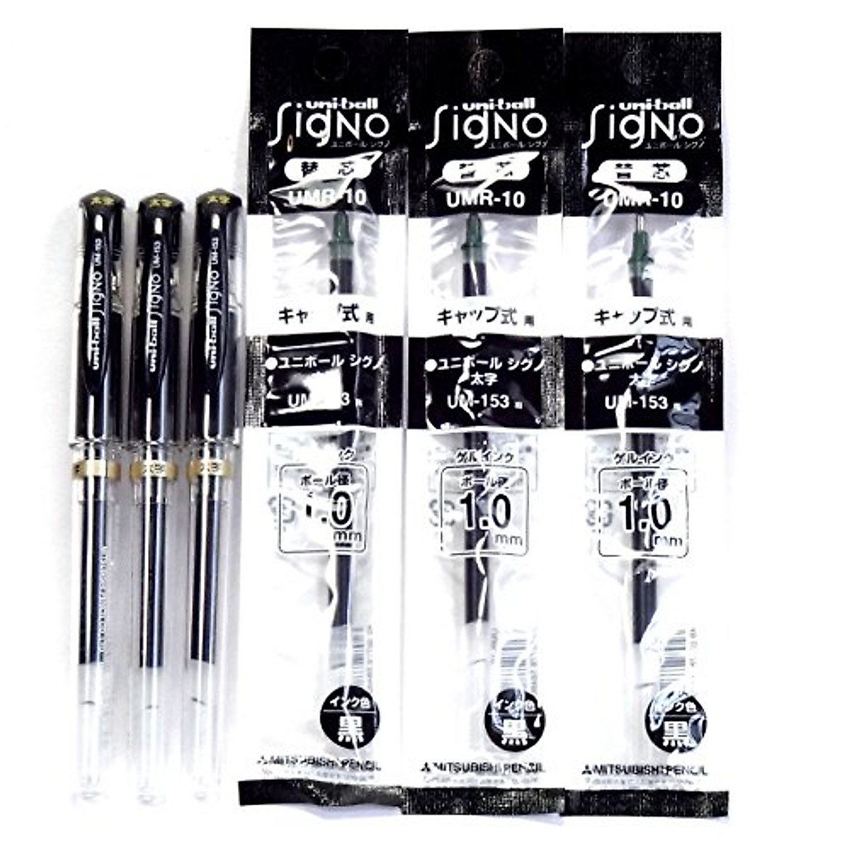 Uni-Ball Signo Broad Point Gel Impact Pen Black Ink (UM153.24), 3 pens + Refill (UMR10.24)×3 Packs/total 3 Refills Set (Japan Import)