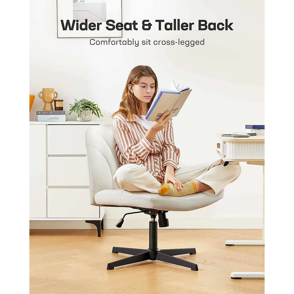 Marsail Cross Legged Office Chair: PU Leather Criss Cross Desk Chair Wide Armless Desk Chair Swivel Height Adjustable Vanity Chair for Make Up,Small Space,Bed Room(Beige)