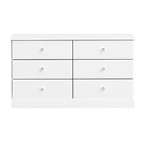 Prepac Astrid 6 Drawer Double Dresser for Bedroom with Crystal Knobs, Wide Chest of Drawers, Bedroom Furniture, Clothes Storage and Organizer, 15.5" D x 47.5" W x 26.85" H, White
