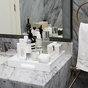 MUKEEN Glossy White Acrylic Serving Tray with Handles, 12x12x2H Inches - Spill Proof, Decorative Trays for Countertop, Ottoman Coffee Table, Nightstand, Breakfast, Tea, Food