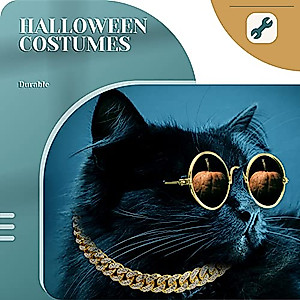 2 Pieces Gold Cat Dog Chain Collar and Sunglasses Set Rhinestone Cuban Collar Chain with Design Secure Buckle Retro Round Glasses for Dogs Cats Party Cosplay Costumes Funny Photo Props (16 Inch)