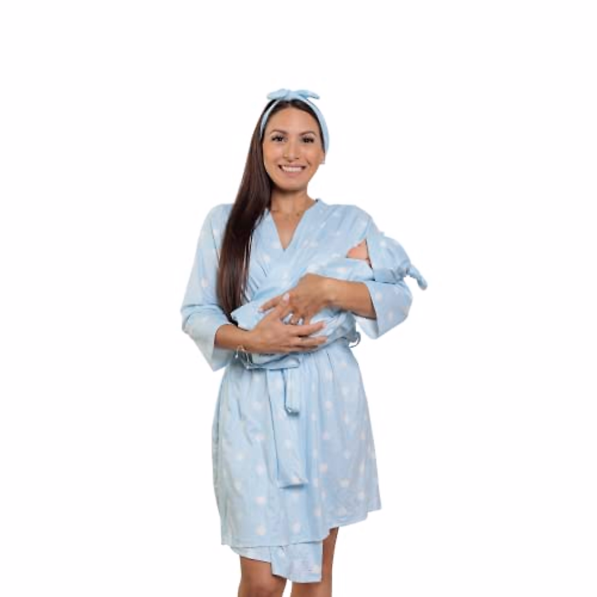 MOMMY O CLOCK Mommy Robe for Maternity and Baby Swaddle Blanket, Milk Silk Matching Delivery Robe and Swaddling Wrap for Mom and Baby (Blue Polka Dot, L/XL (12-24))