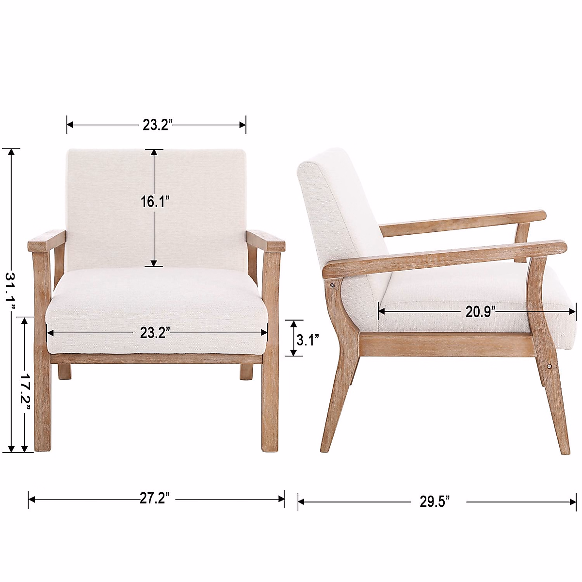 BESTANO Mid Century Modern Accent Chair, Linen Upholstered Living Room Accent Armchair with Wood Frame, Farmhouse Chair Indoor Corner Chair for Living Room Bedroom, Ivory