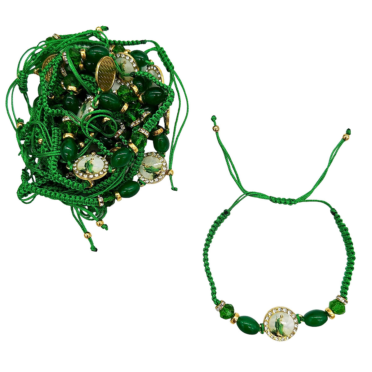12 PCS San judas tadeo Bracelet Handmade Medal Adjustable String Green Rope Bracelets Religious Prayer Jewelry Gift For Women Men- Green (49GR)