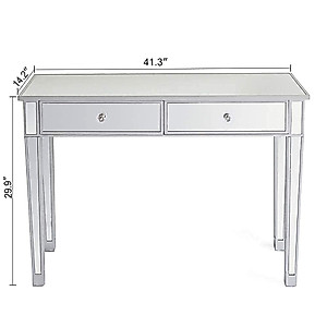 Mirrored Console Table with 2 Drawer, Silver Mirrored Makeup Dressing Table Vanity Desk, Modern Writing Desk Media Table for Bedroom Entryway Home Office