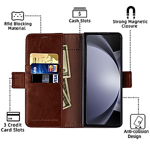 MONASAY Galaxy Z Fold 5 5G Wallet Case with S Pen Holder, Flip Folio Leather Cell Phone Cover with RFID Blocking Credit Card Holder for Samsung Galaxy Z Fold 5, Brown