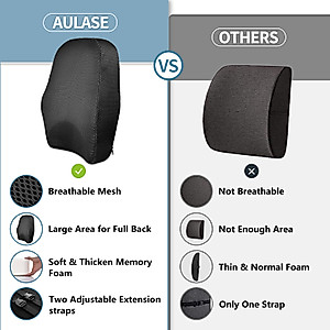 Aulase Extra Large and Soft Lumbar Support Pillow for Back Relax, 4" Thick Memory Foam for Pain Relief, Backrest with Adjustable Strap, Breathable Mesh Cover, for Desk Office Chair, 21"x16"