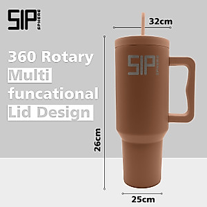 SIP SPHERE Tumbler 40oz Insulated Travel Mug with 2 Straws Double Wall Vacuum Insulated Car Cup Keeps Drinks Hot & Cold (Brown)