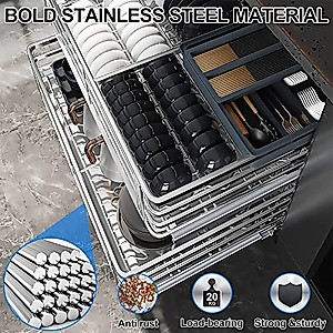 2 Tier Pull Out Cabinet Organizers Storage Stainless Steel Heavy Duty Double Tier Wire Basket Slide Out Shelf Storage for Under Cabinet, Pantry, Metal Sliding Drawer Shelve for Cans, Jars, Bowl (Black