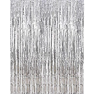 2 Pcs 3.2ft x 8.2ft Shiny Silver Metallic Tinsel Foil Fringe Curtains Photo Booth Backdrop for Birthday Wedding Holiday Celebration Bachelorette Party Decorons (Silver)