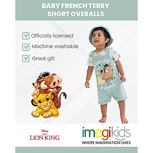 Disney Lion King Simba Timon Pumbaa Newborn Baby Boys French Terry Short Overalls T-Shirt & Hat 3 Piece Outfit 3-6 Months