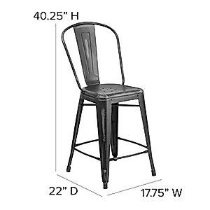 Flash Furniture Carly Commercial Grade 24" High Distressed Black Metal Indoor-Outdoor Counter Height Stool with Back