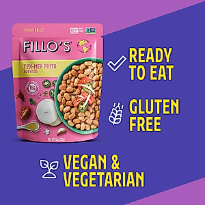 Fillo's Tex Mex Pinto Beans - Ready to Eat Beans, Gluten-Free, Preservative-Free, Microwavable, Non-GMO, Vegan Friendly, Plant Protein, 10 oz Pk of 6