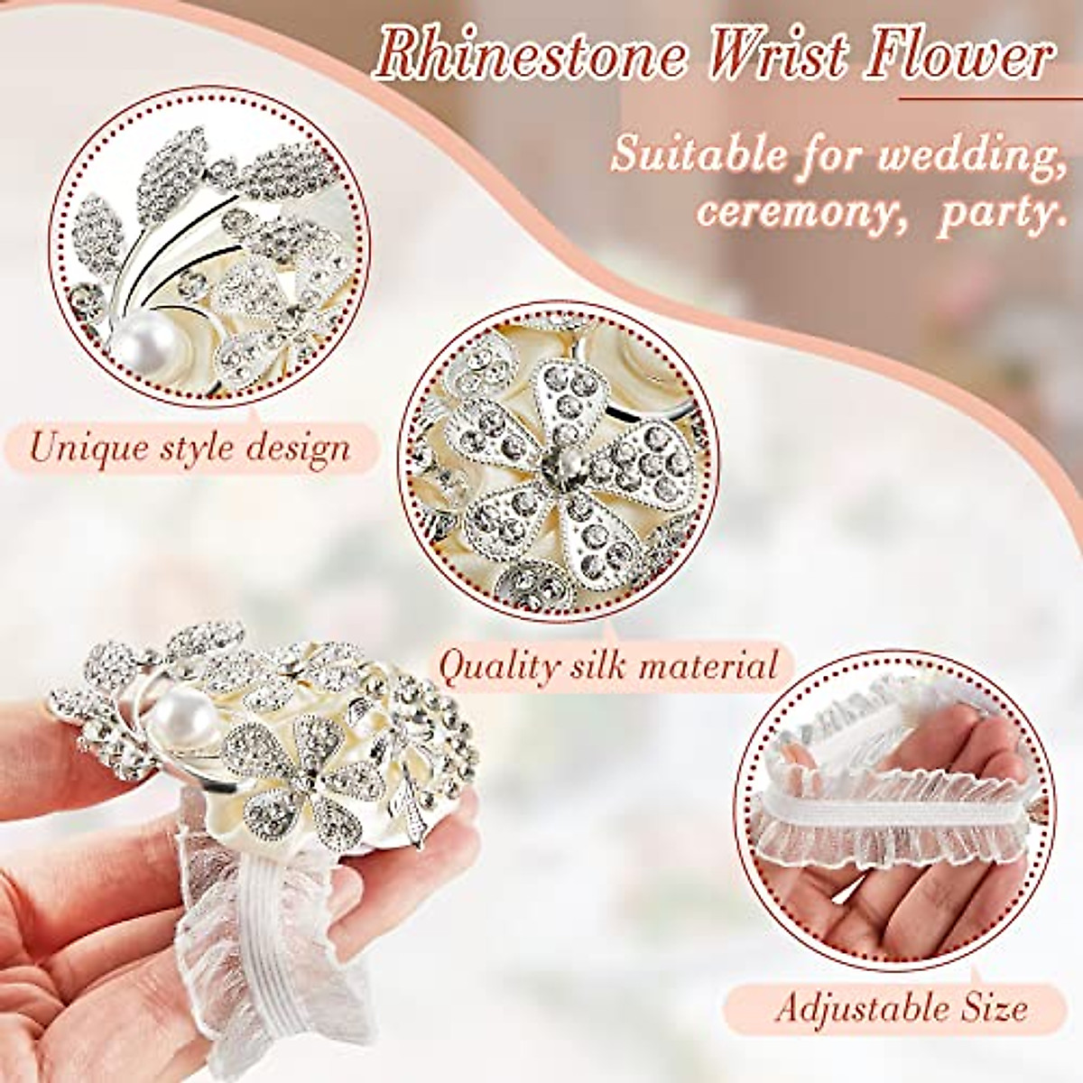 MTLEE 2 Pieces Rhinestone Wrist Corsage Wristlet Bracelet Silk Wrist Flower with Peal and Diamond for Wedding Bridesmaid Bridal Shower Prom Party(Silver Ivory)