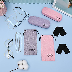 Frienda 2 Set Hard Shell Fabric Eyeglasses Case Kit Women Men Glasses Protective Case Storage Bag Glasses Chain Cleaning Cloth (Pink, Purple)