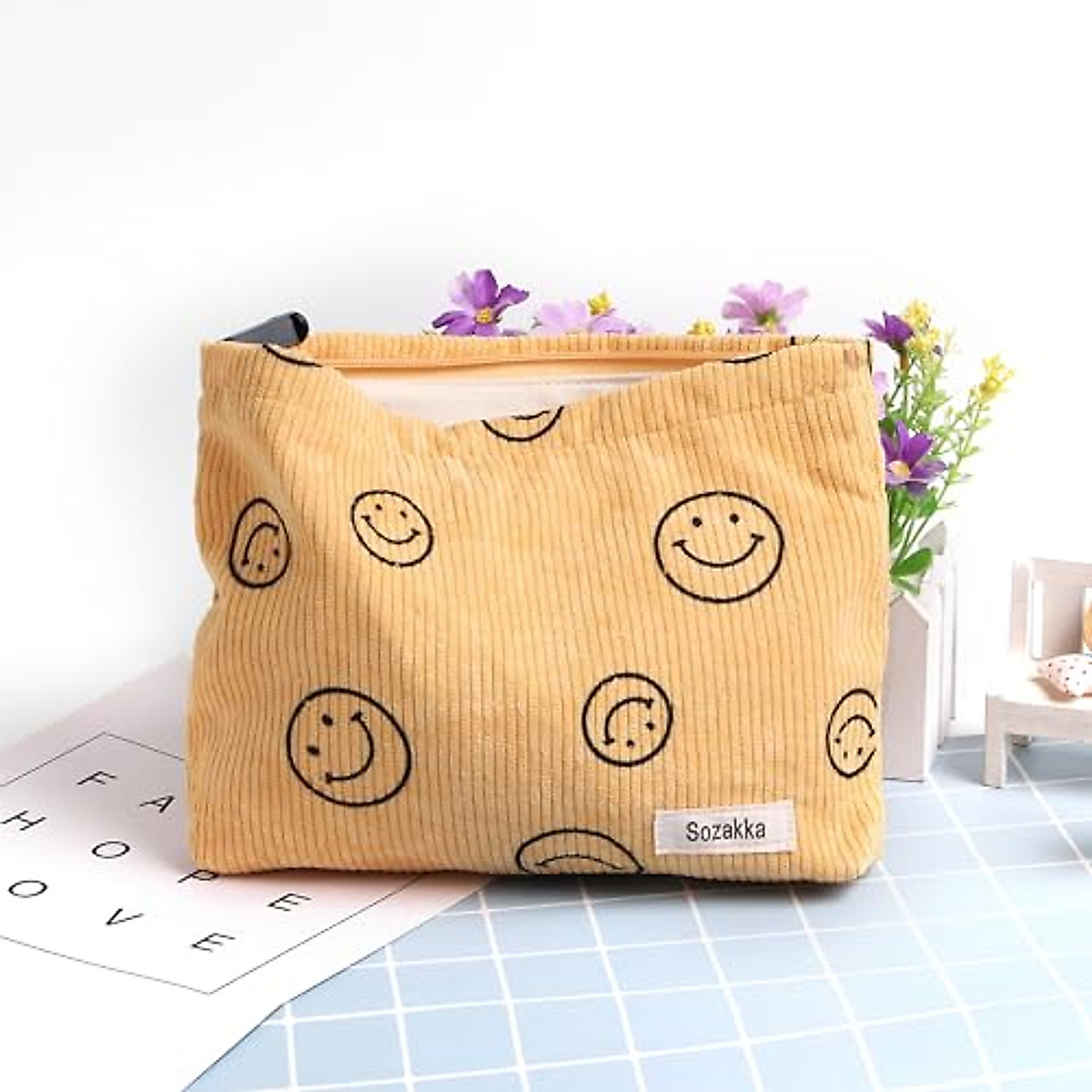 Cosmetic Bags for Women - Corduroy Cosmetic Bag Aesthetic Women Handbags Purses Smile Dots Makeup Organizer Storage Makeup Bag Girls Case Bags (Yellow)