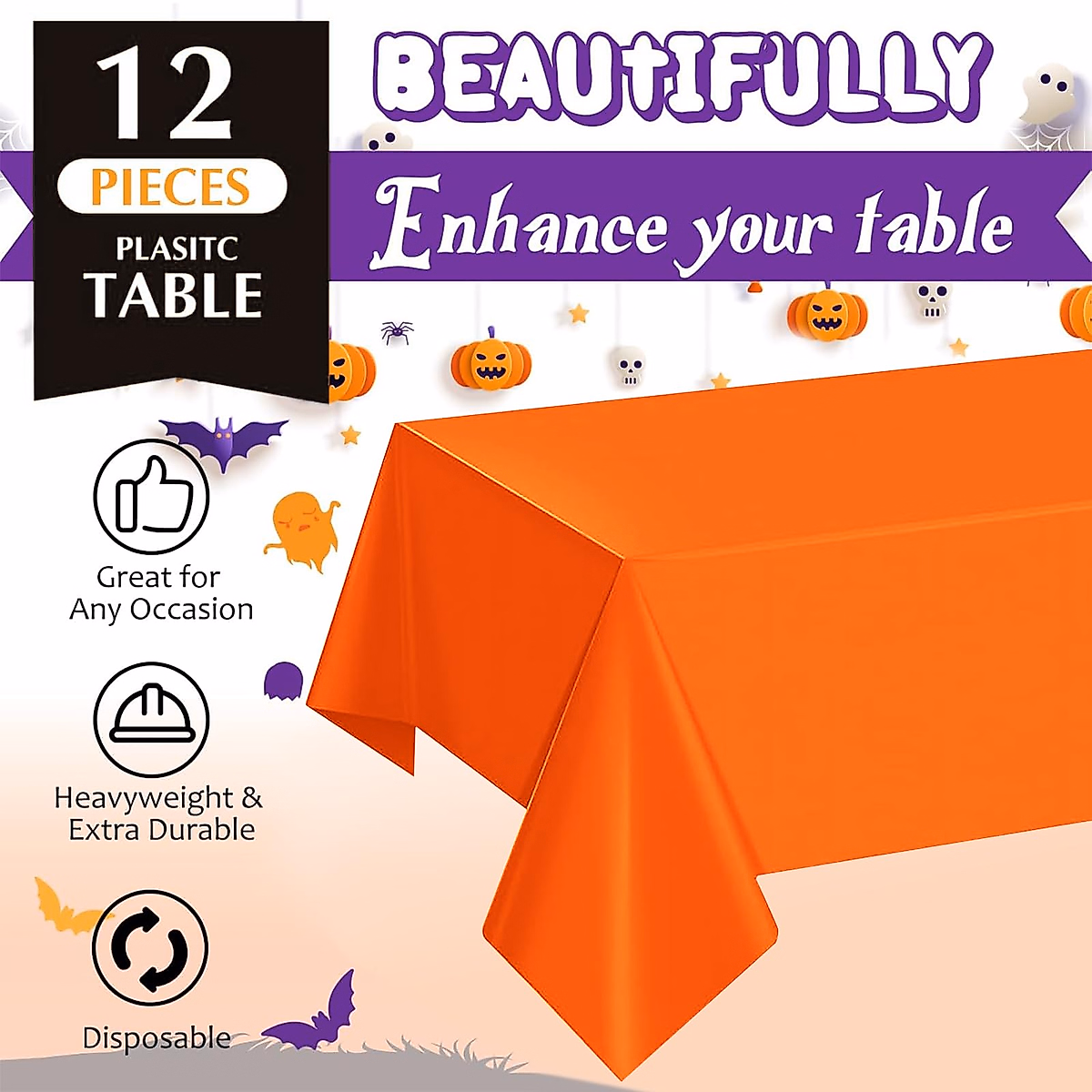 ACSUIT 12 Pack Halloween Tablecloths Rectangle Plastic 54 X 108 Inches Disposable Plastic Waterproof Decorative Table Covers for Halloween Parties and Decorations (Black,Orange,Purple)