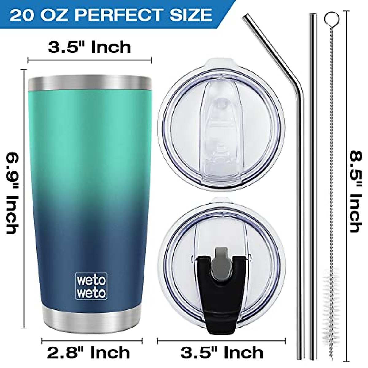 WETOWETO 20oz Insulated Stainless Steel Tumbler, Coffee Tumbler with 2 lids and 2 straws, Double Wall Vacuum Travel Coffee Mug, Powder Coated Leak-Proof Tumbler Cup (Green-Blue Gradient,1 Pack)