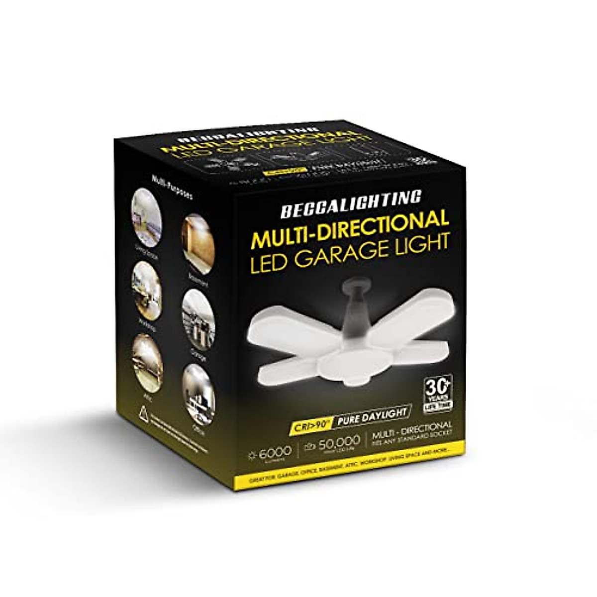 BECCALIGHTING LED Garage Light UL Listed 60 Watts - Daylight Bright White 5000K Garage Lights Ceiling LED 6000 Lm Garage Lighting Fixture, Multi Directional Panel Light for Basement, Barn, High Bay