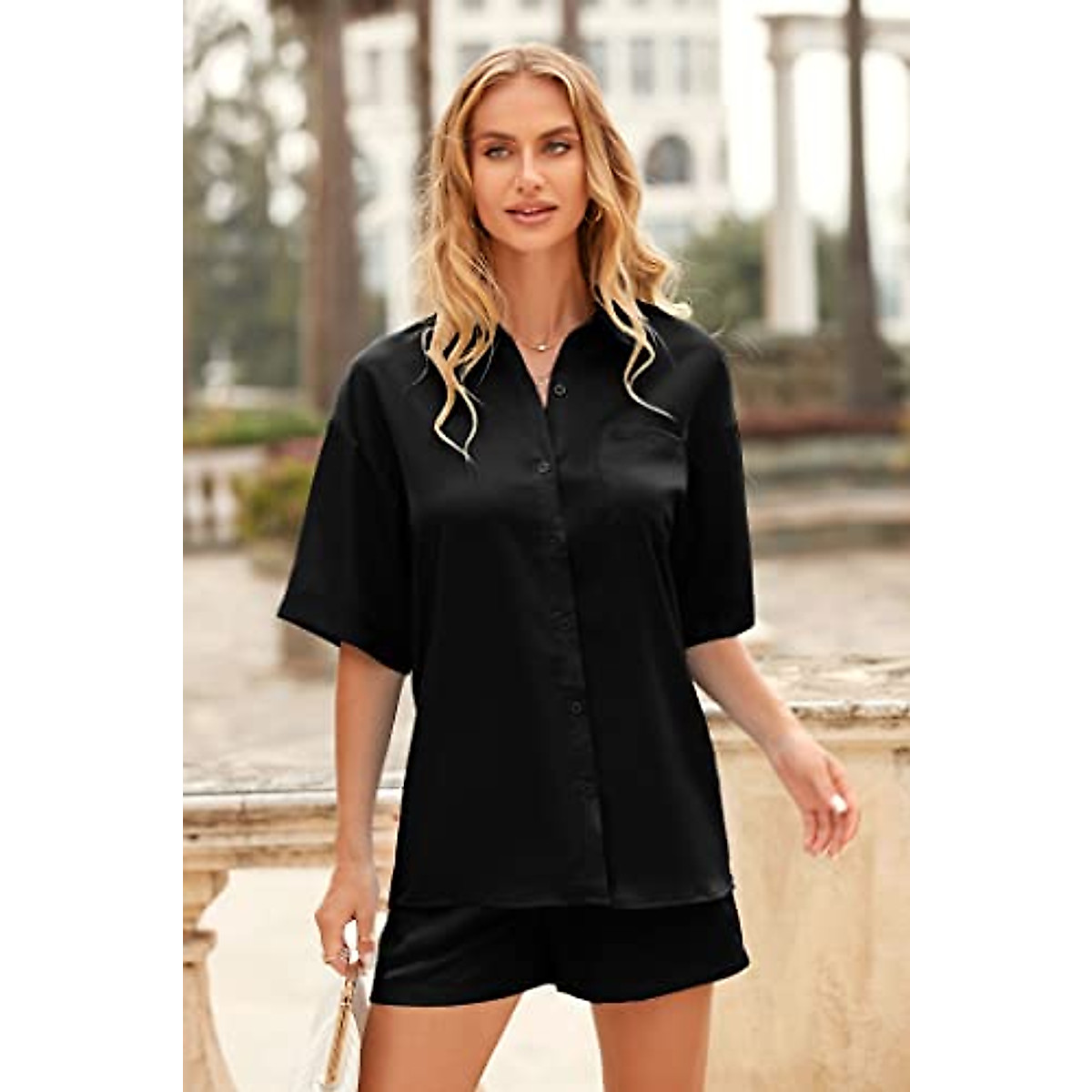 PRETTYGARDEN Women's 2 Piece Satin Pajama Sets Short Sleeve Button Down Tops And Shorts Set 2023 Summer Pjs Silk Sleepwear (Black,Medium)