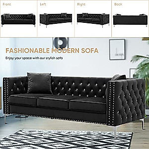 KINFFICT Velvet Sofa Couch, Modern Upholstered Living Room Sofa with 2 Pillows, 3 Seat Sofa with Nailhead Trim, Jeweled Button Tufted, Chrome Metal Legs (Black, 3 Seat)