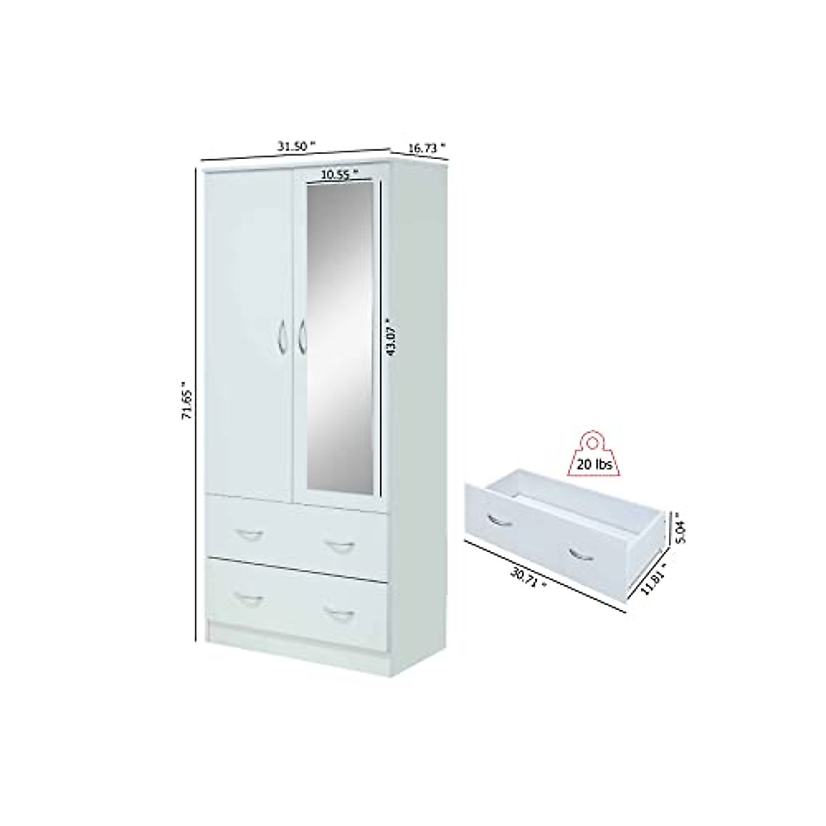 Hodedah Two Door Wardrobe with Two Drawers and Hanging Rod plus Mirror, White