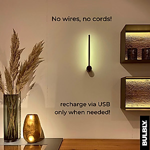 Bulbly Modern Cordless Wall Sconce Set of Two | Modern Dimmable LED Black Wall Lamps for Living Room & Bedroom Decor | USB Rechargeable Wall Light