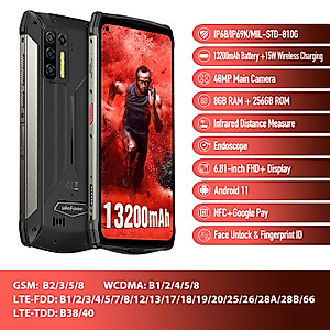 Ulefone Rugged Smartphone, Power Armor 13 with Endoscope, IP68 Waterproof Phone, 13200mAh Battery, 15W Wireless Charge, 48MP Four Rear Camera, 6.81" FHD+, 8GB + 256GB, Helio G95 Octa-core Android 11