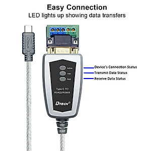 DTECH FTDI USB to RS485 Cable RS422 USB C to Serial Adapter with Breakout Board LED Indicators RS-485 RS-422 Cable Converter Supports Windows 11 10 8 7 XP Mac (3 Feet)