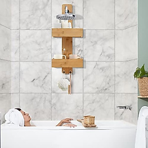 LOKO Bamboo Hanging Shower Caddy, Natural & Waterproof Bamboo Shower Rack w/ 2 Storage Baskets & 2 Hanging Hooks, 2-Tier Bathroom Shower Organizer Holder for Shampoo, Conditioner, Soap