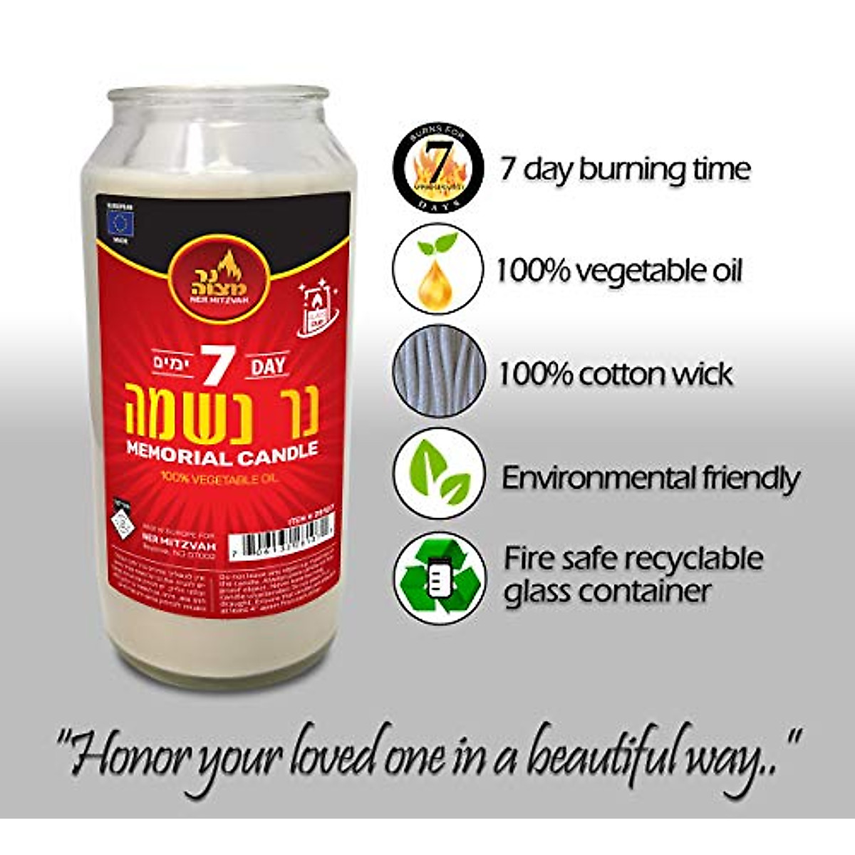 Ner Mitzvah 7 Day Yahrzeit Candle - 1 Pack Kosher White Yahrzeit Memorial Candles - Yom Kippur and Holiday Candle in Glass Jar - 100% Vegetable Oil Wax Prayer Candle