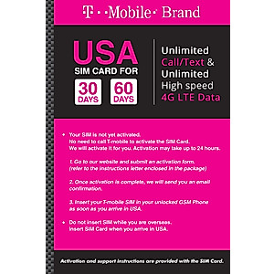 T-mobile Brand USA Prepaid Travel SIM Card Unlimited Call, Text and 4G LTE Data (for use in USA only) (for Phone use only. NOT for Modem/WiFi Devices) (30 Days)